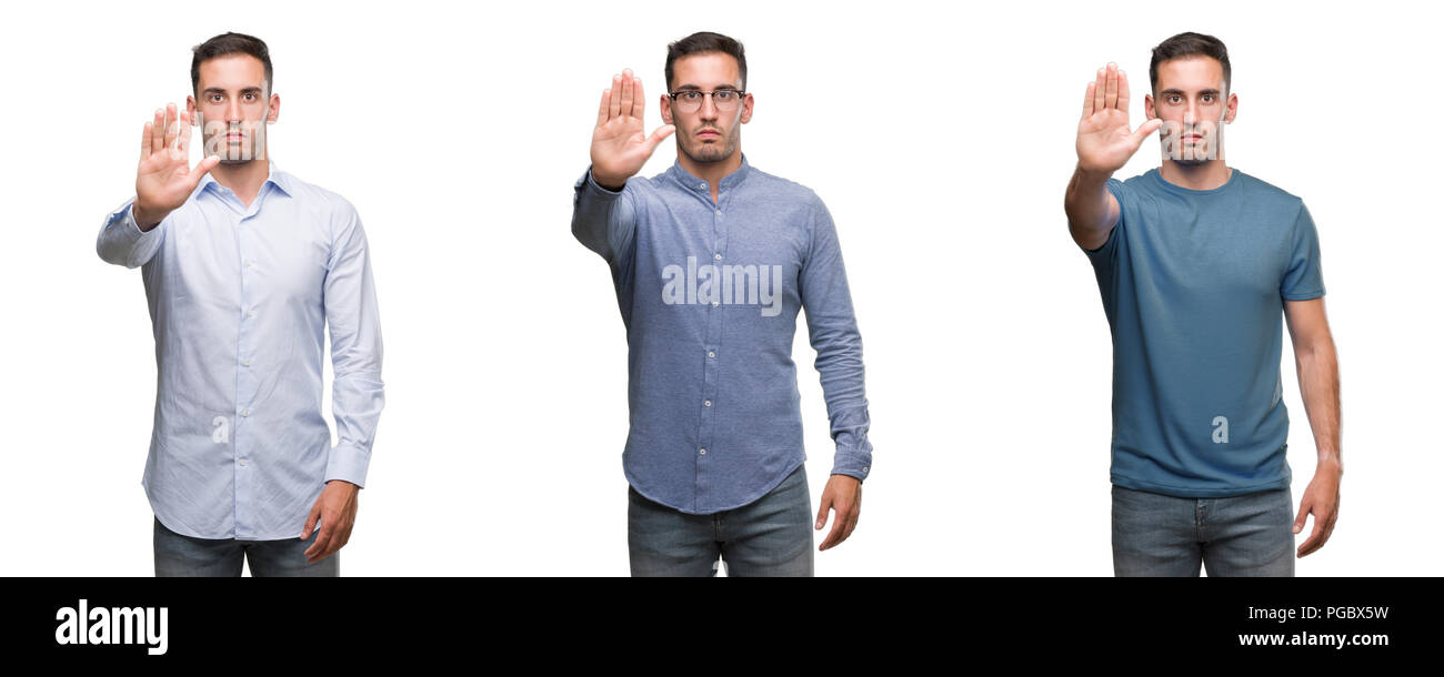 Handsome young man wearing different outfits doing stop sing with palm ...