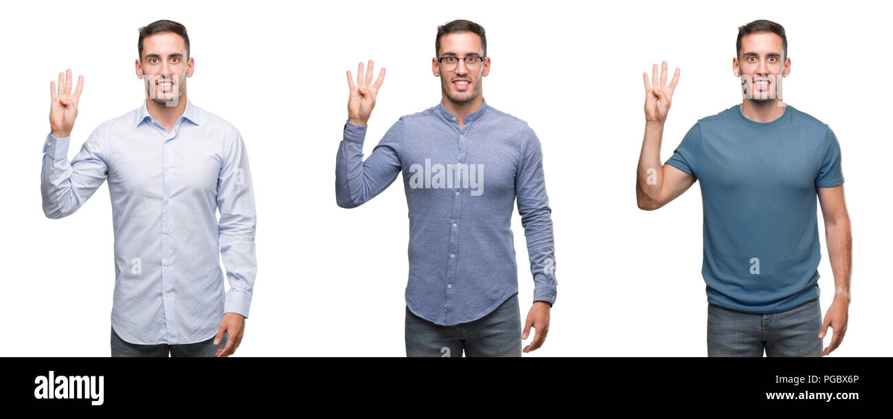 Handsome young man wearing different outfits showing and pointing up ...