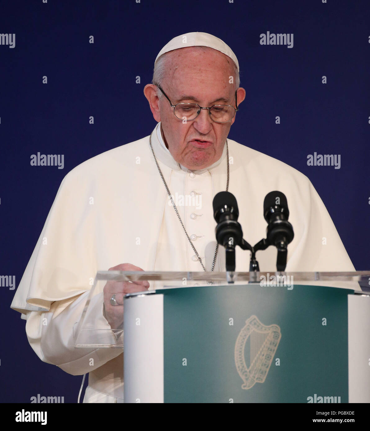 Pope Francis delivers his speech in St Patrick's Hall at Dublin Castle ...