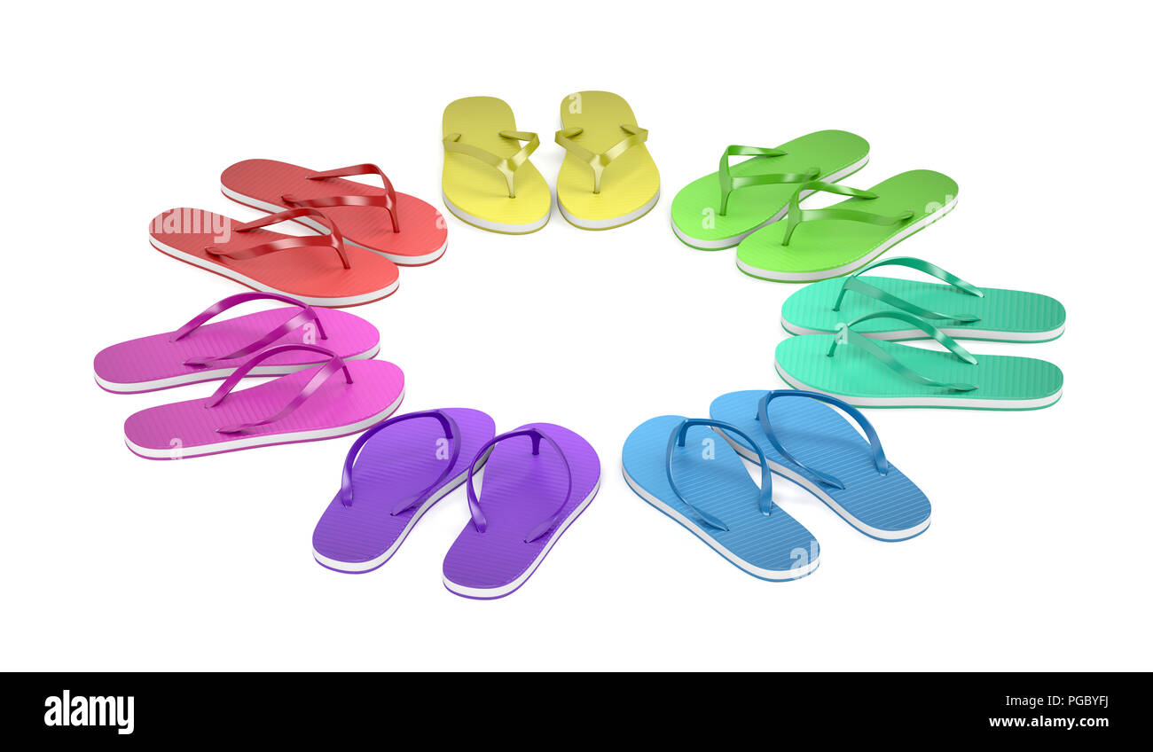 Colorful flip flops on white background Stock Photo - Alamy