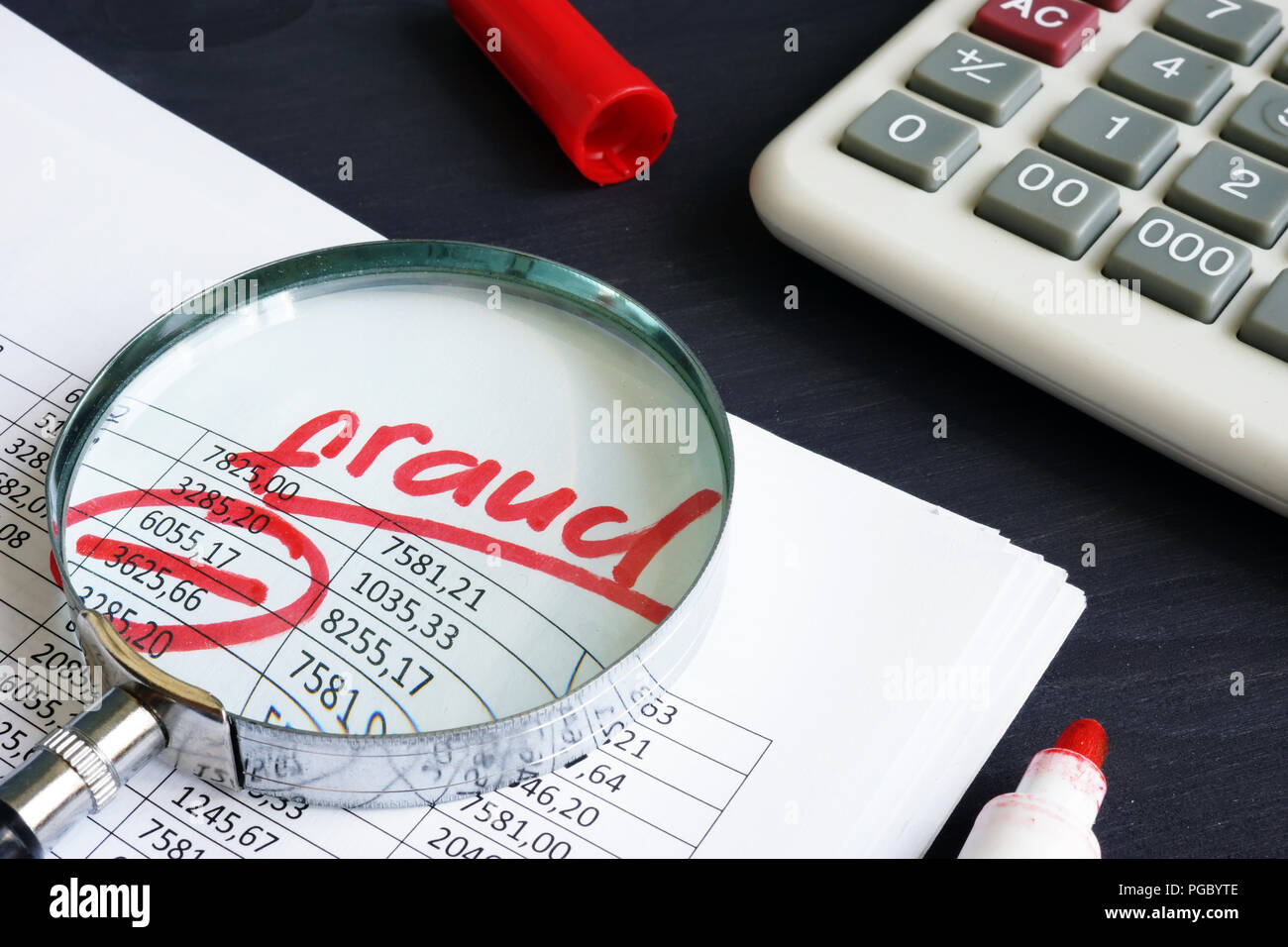 Financial or taxes fraud. Business report and magnifying glass Stock ...