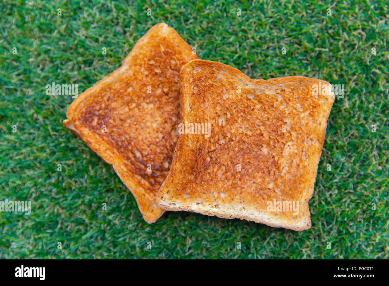 Toasted bread on the green grass background Stock Photo - Alamy