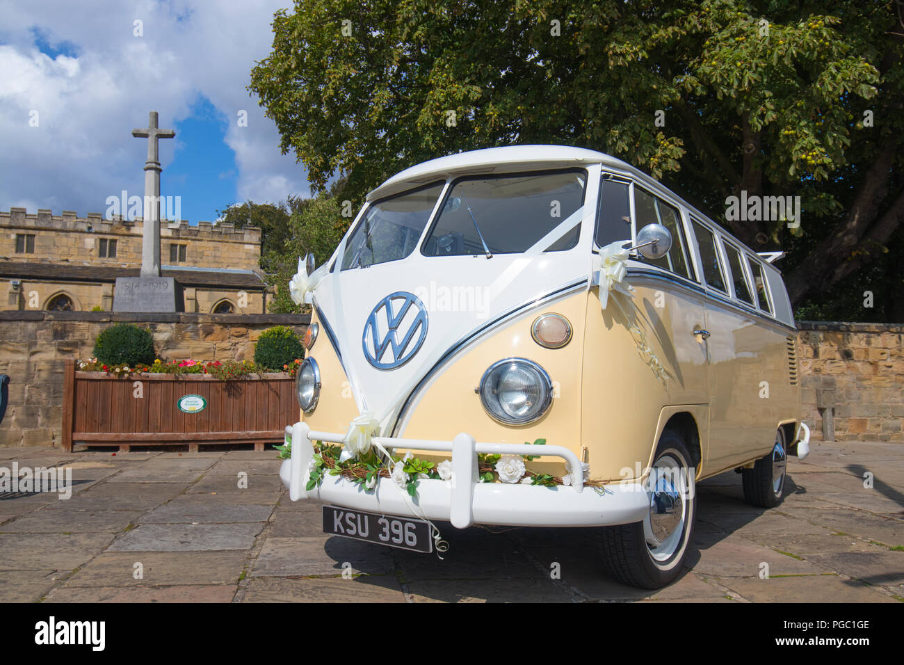 A VW split screen camper van is used as a wedding car in Swillington ...