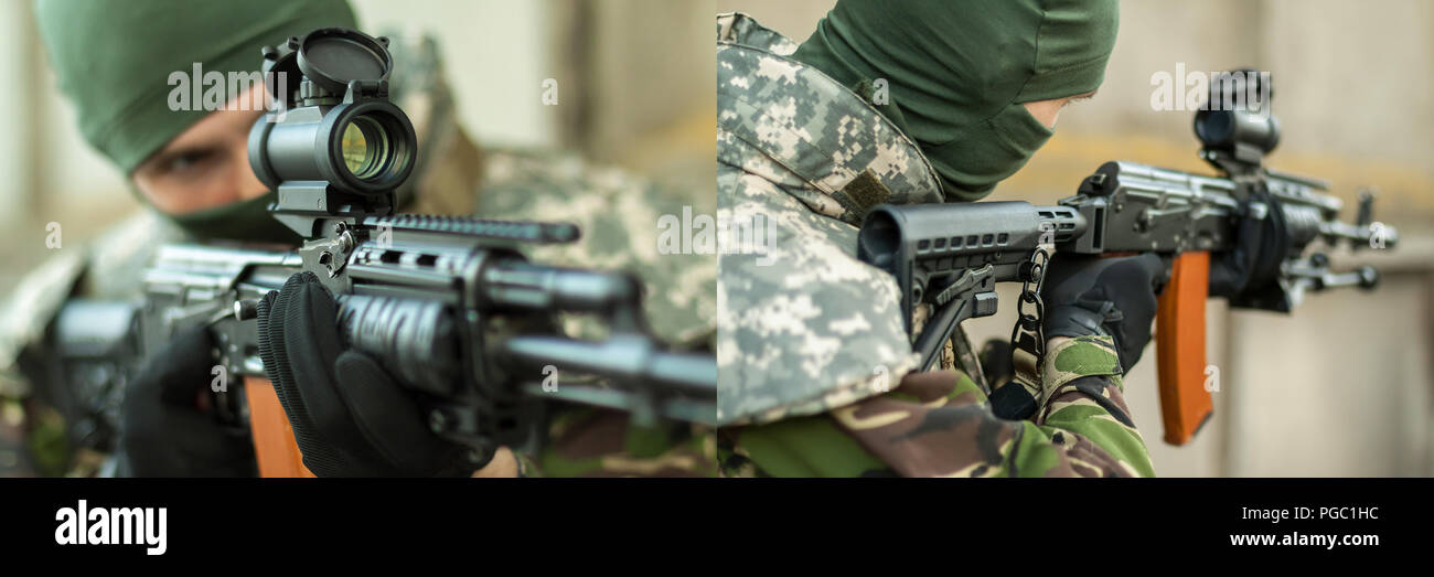 man aiming with an AK-47 with reflex sight Stock Photo - Alamy
