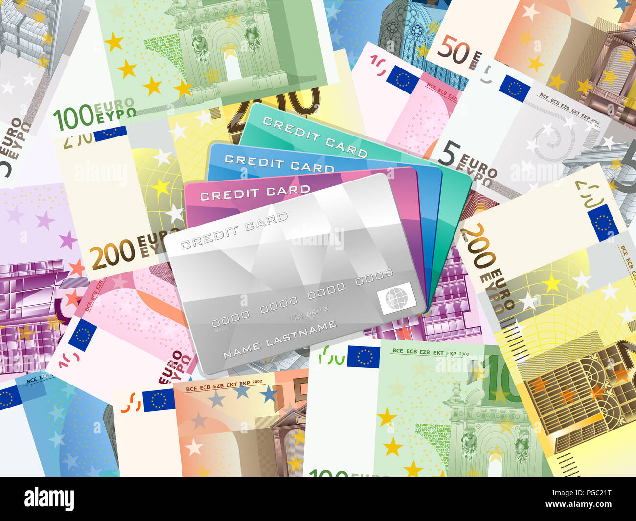 Credit cards on euro banknotes background. Vector illustration Stock ...