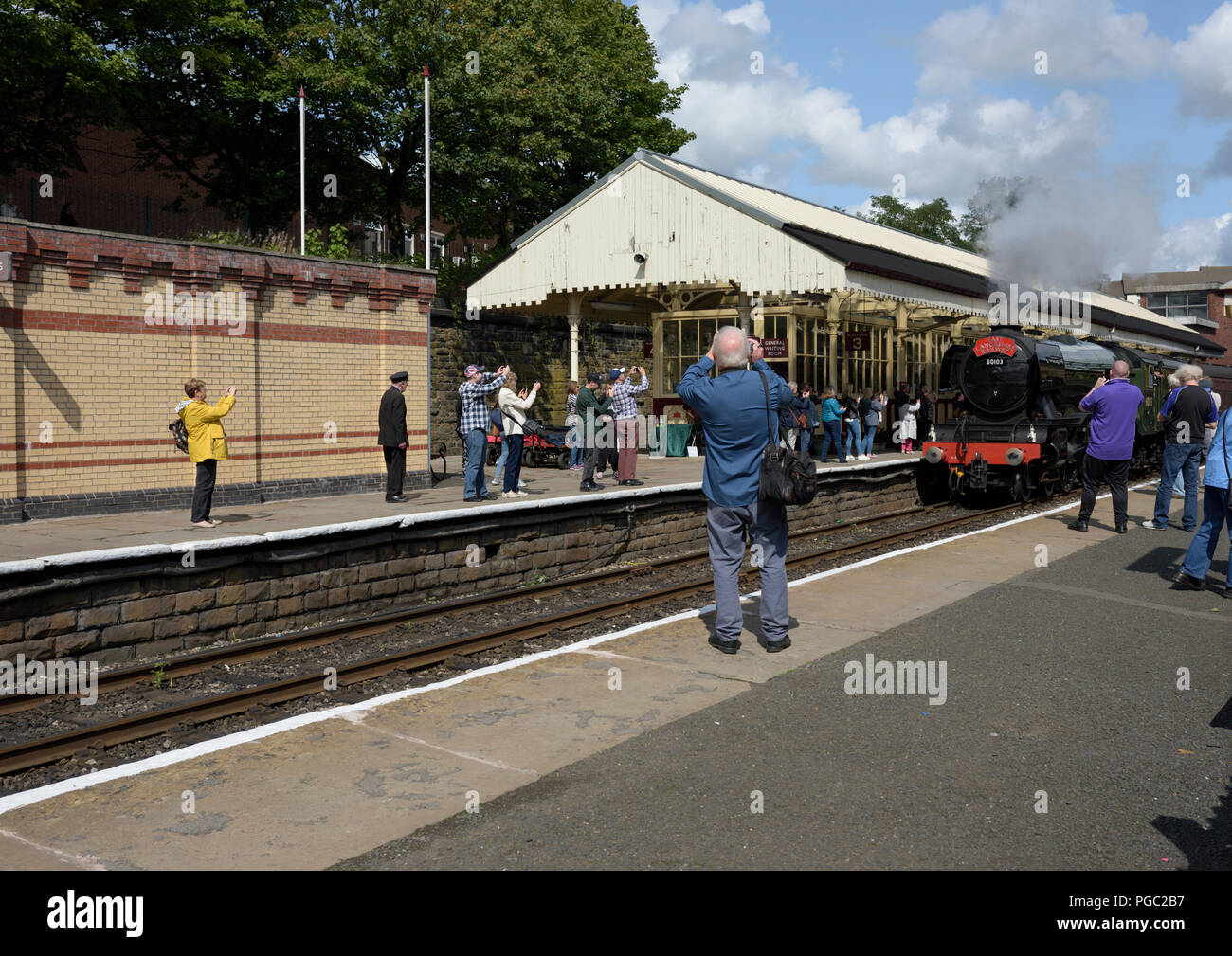 Flying scotsman arrives at platform in Bury Bolton Street railway ...