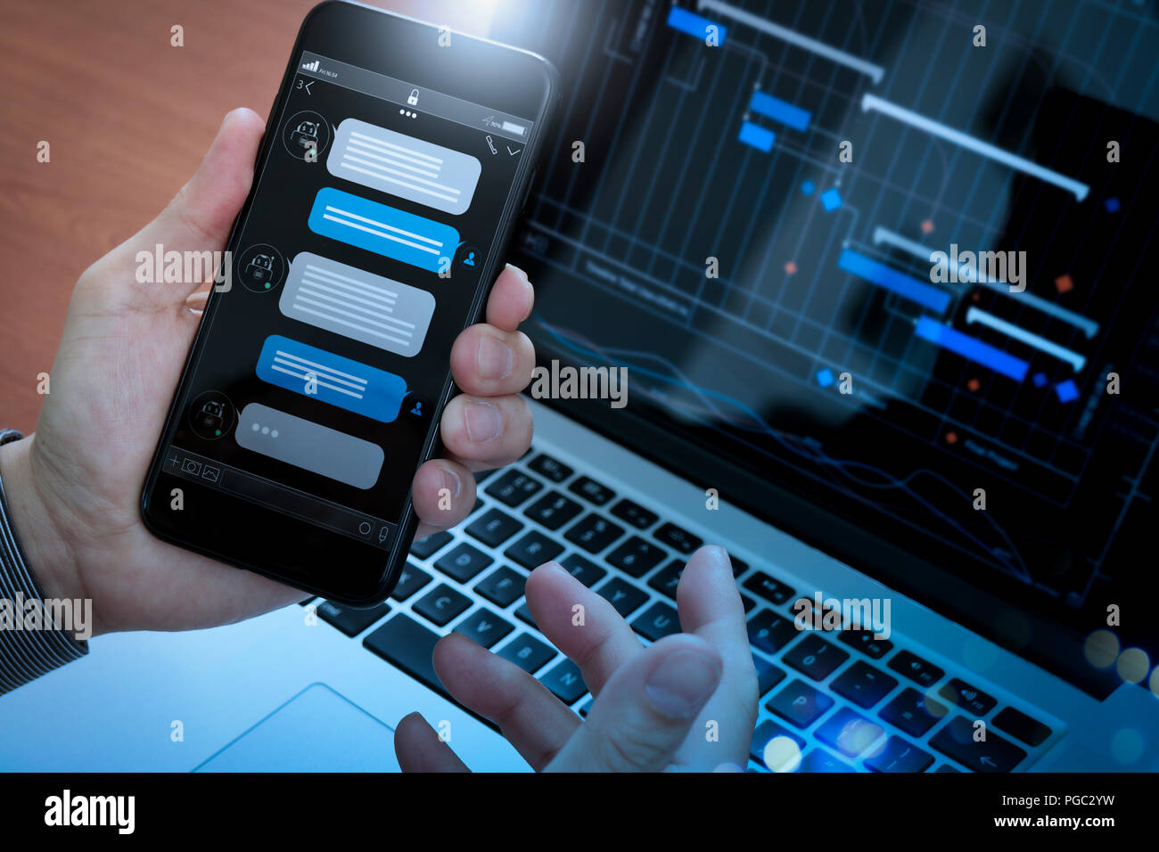 Chatbot conversation with smartphone screen app interface and ...