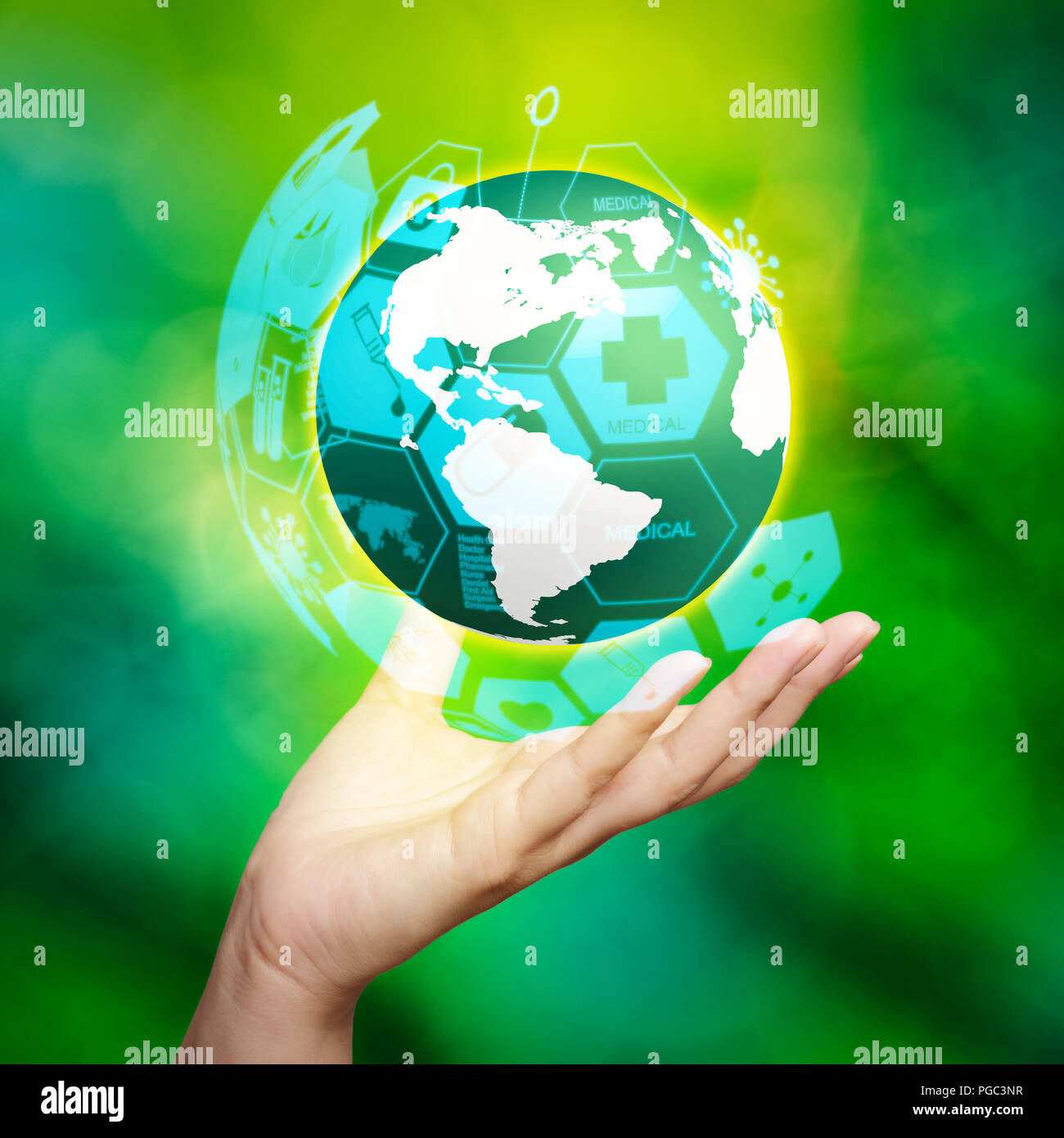 Health care and medical services concept with world or global form and ...