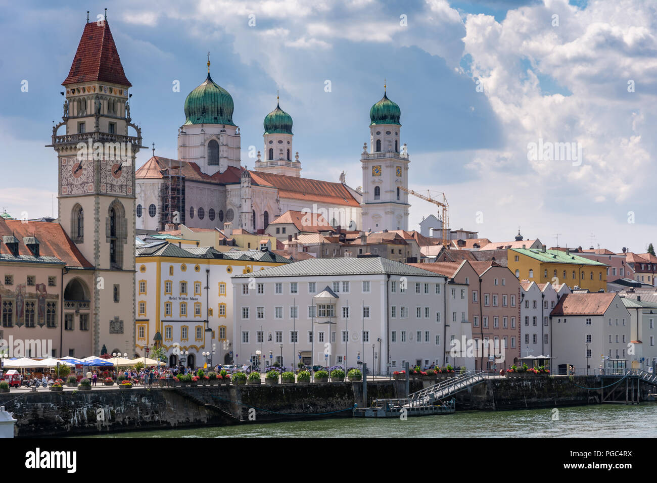 PASSAU, GERMANY - JULY 14: Waterfront of the Danube river in Passau ...