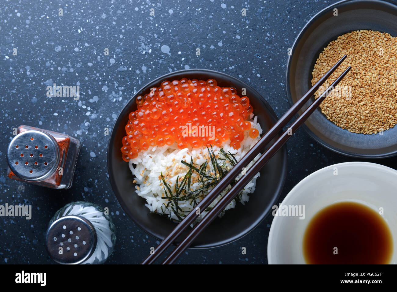 Salmon roe with rice and ingredients in Japanese food style Stock Photo ...