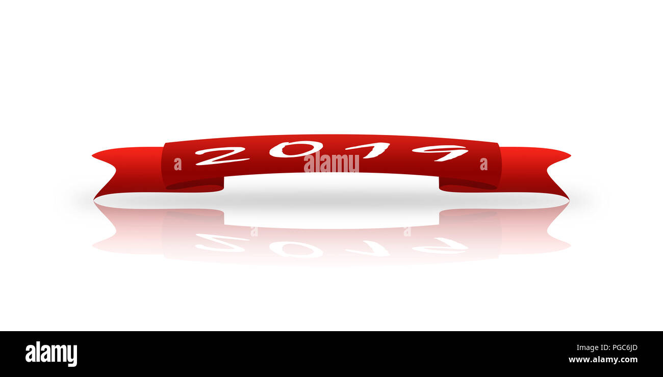 On the red greeting ribbon is written in white 2019 font, white ...