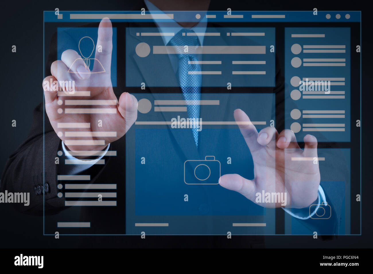 Web page browser of Social media Page VR Interface on the laptop computer.businessman hand ...