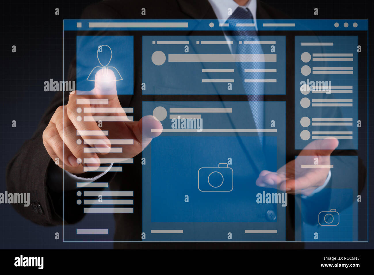 Web page browser of Social media Page VR Interface on the laptop computer.businessman hand ...