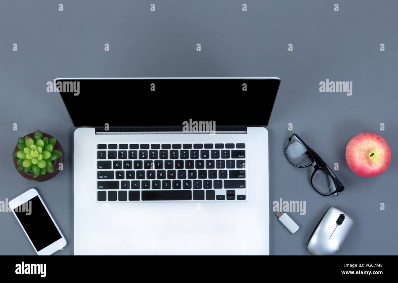 gray office desktop with computer technology Stock Photo - Alamy