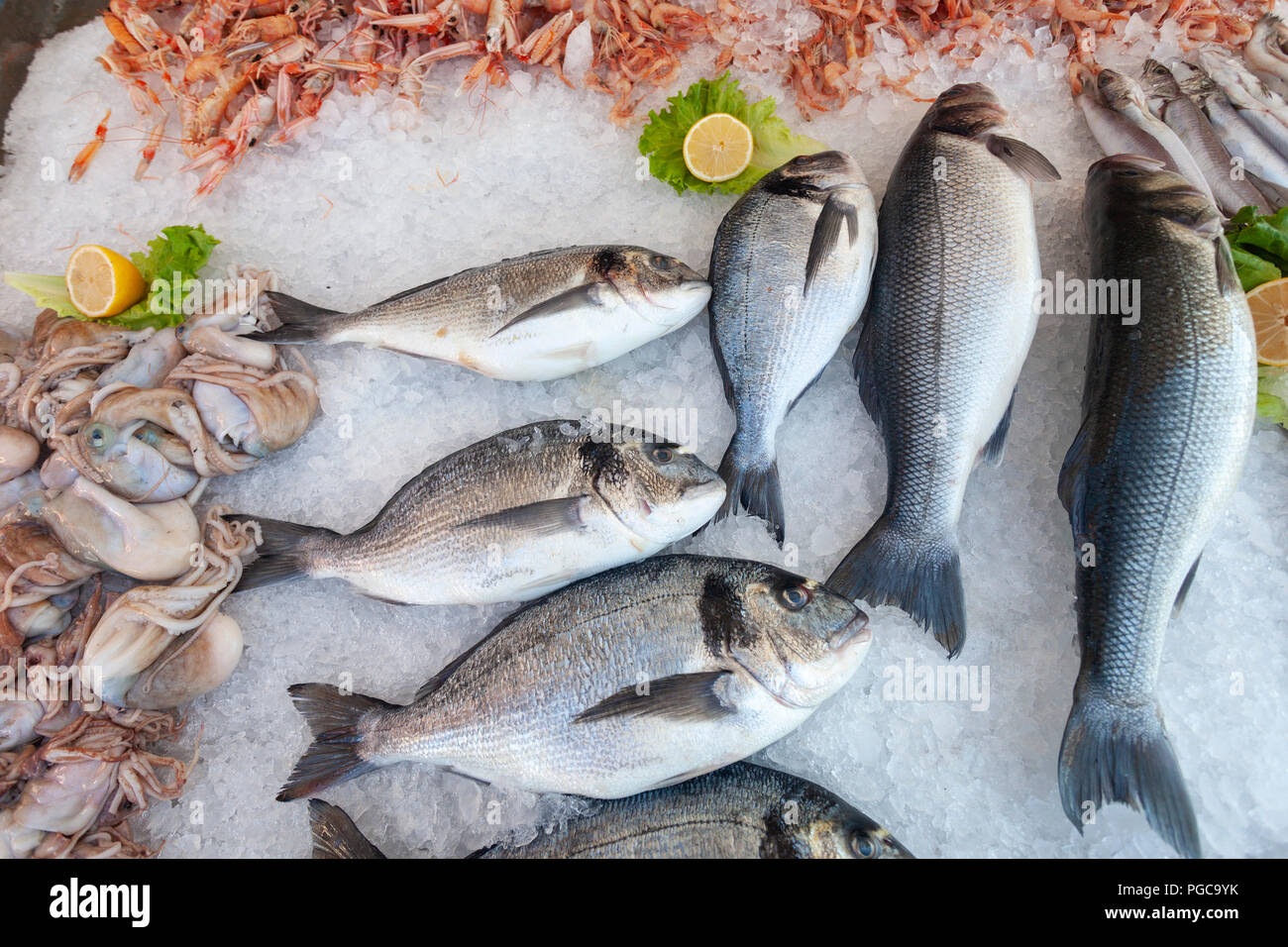 Fresh fish in ice on the market in Novalja, Pag island, Croatia Stock ...