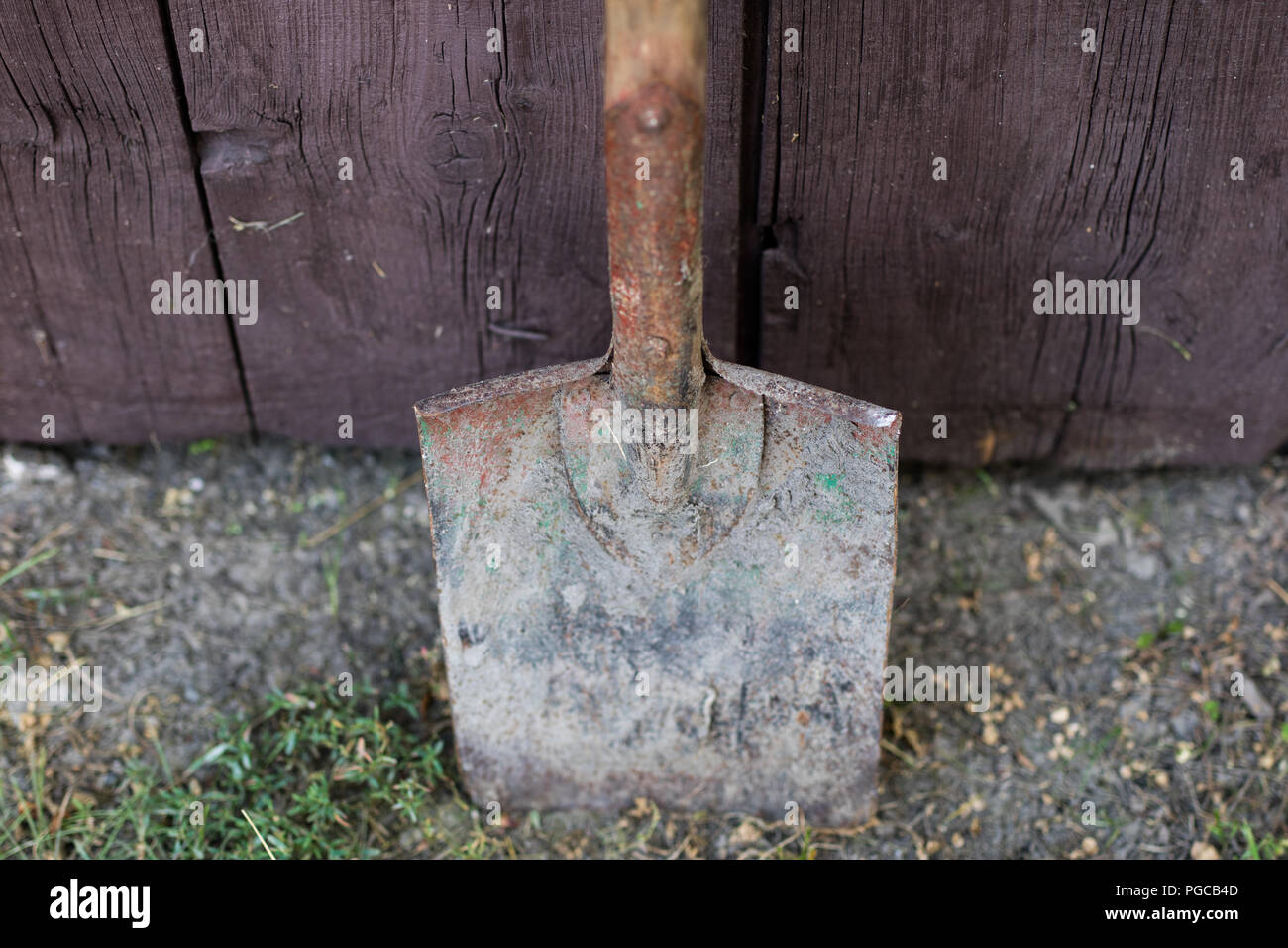 An old garden spade leaning against a wooden door. Tools for working in ...