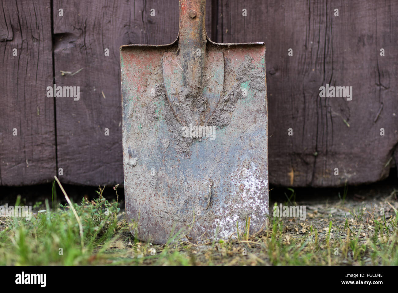 An old garden spade leaning against a wooden door. Tools for working in ...