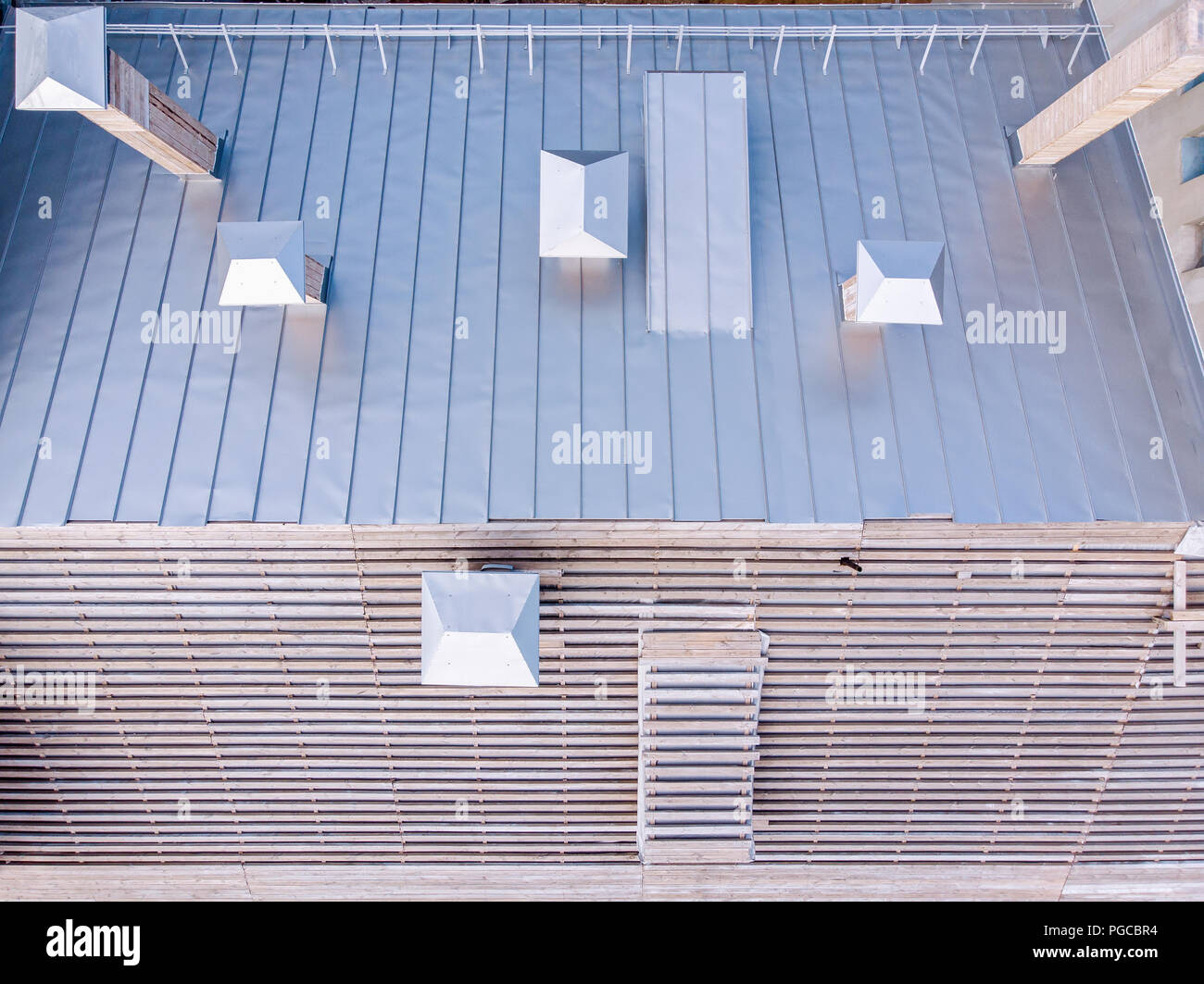 birds eye view of urban building with renovation of metal roofing Stock ...