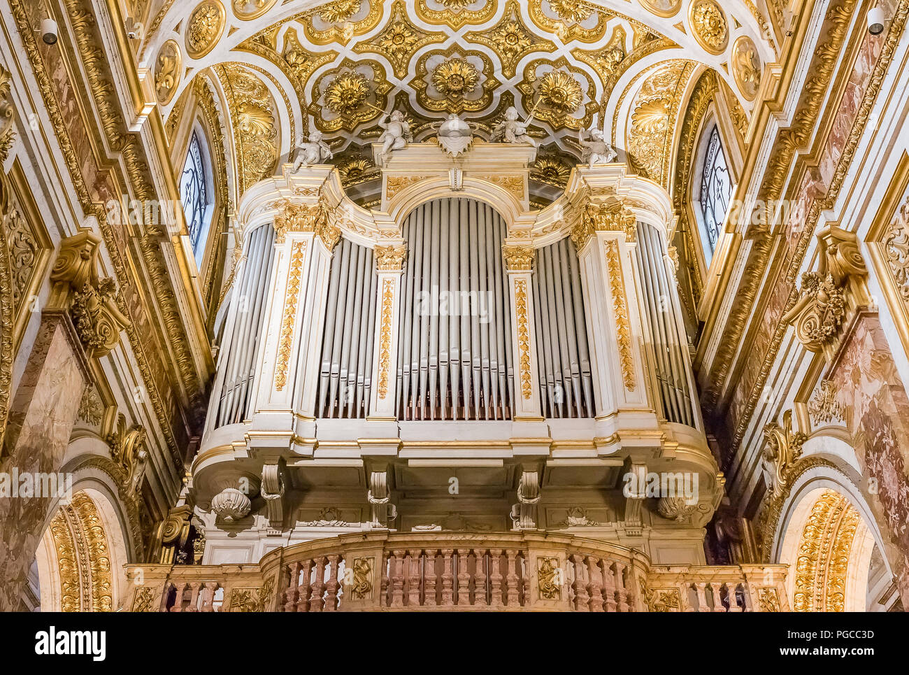 Rome, Italy - October 13, 2016: Ornate organ of the baroque church of ...