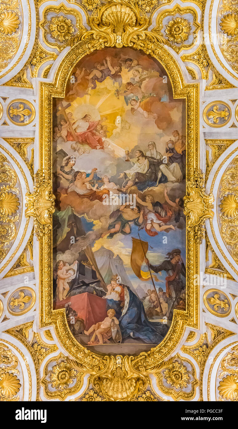 Rome, Italy - October 13, 2016: Ornate ceiling of the baroque Church of ...