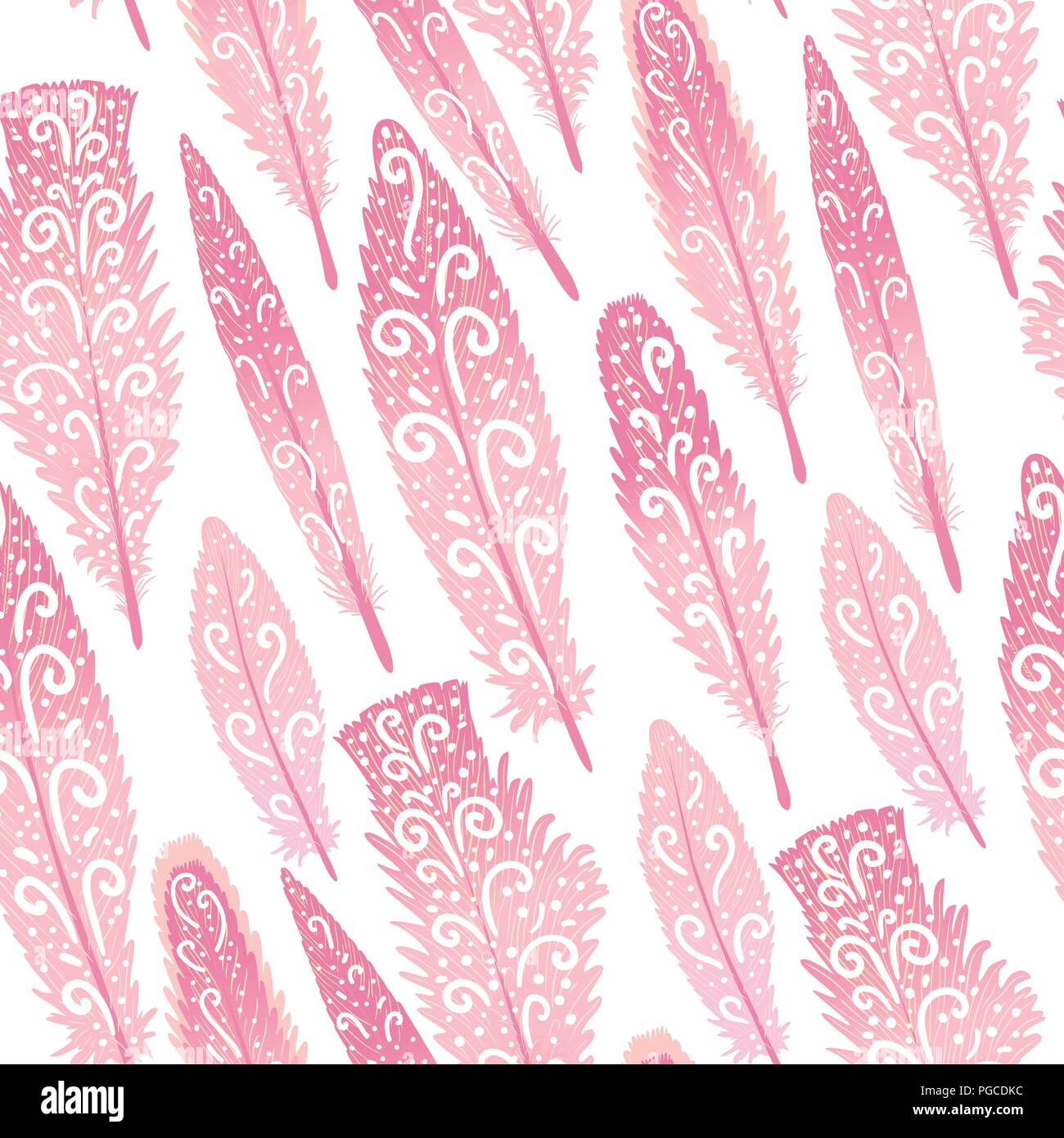 Flamingo feather brigth colorful hand drawn swirls. Seamless pattern ...