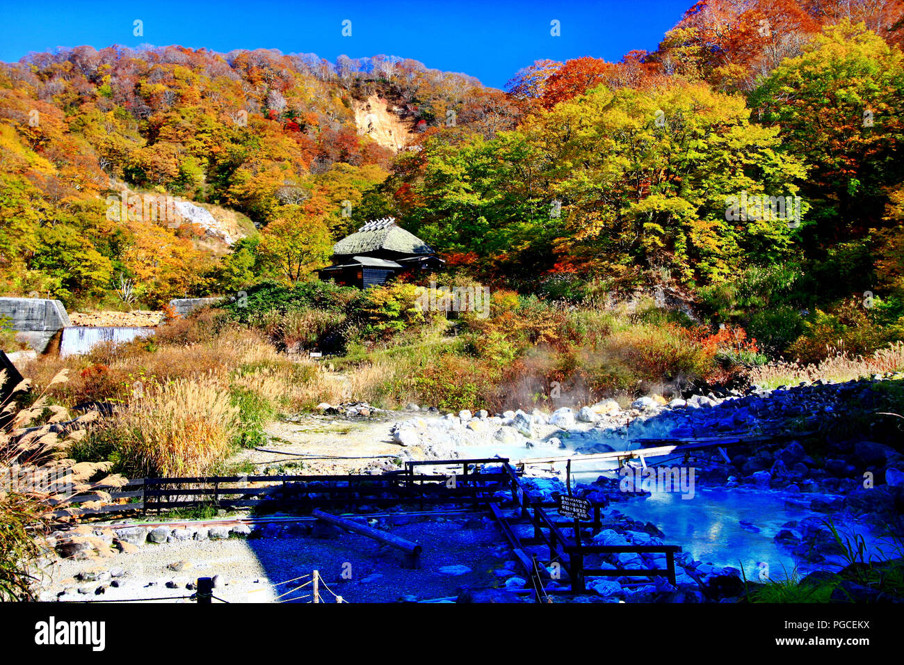 Wooden hut with open-air hot spring onsen (Rotenburo) surrounding with ...