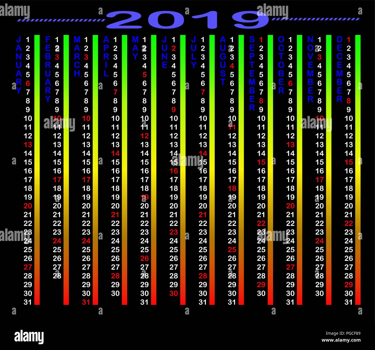 Calendar for 2019 with vertical arrangement of inscriptions, black ...