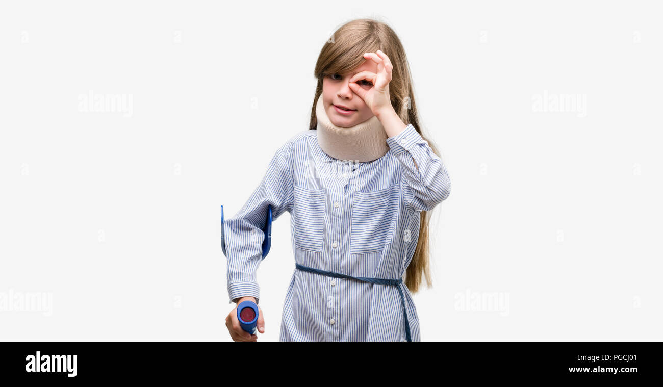 Young blonde child injured wearing neck collar and crutches with happy ...