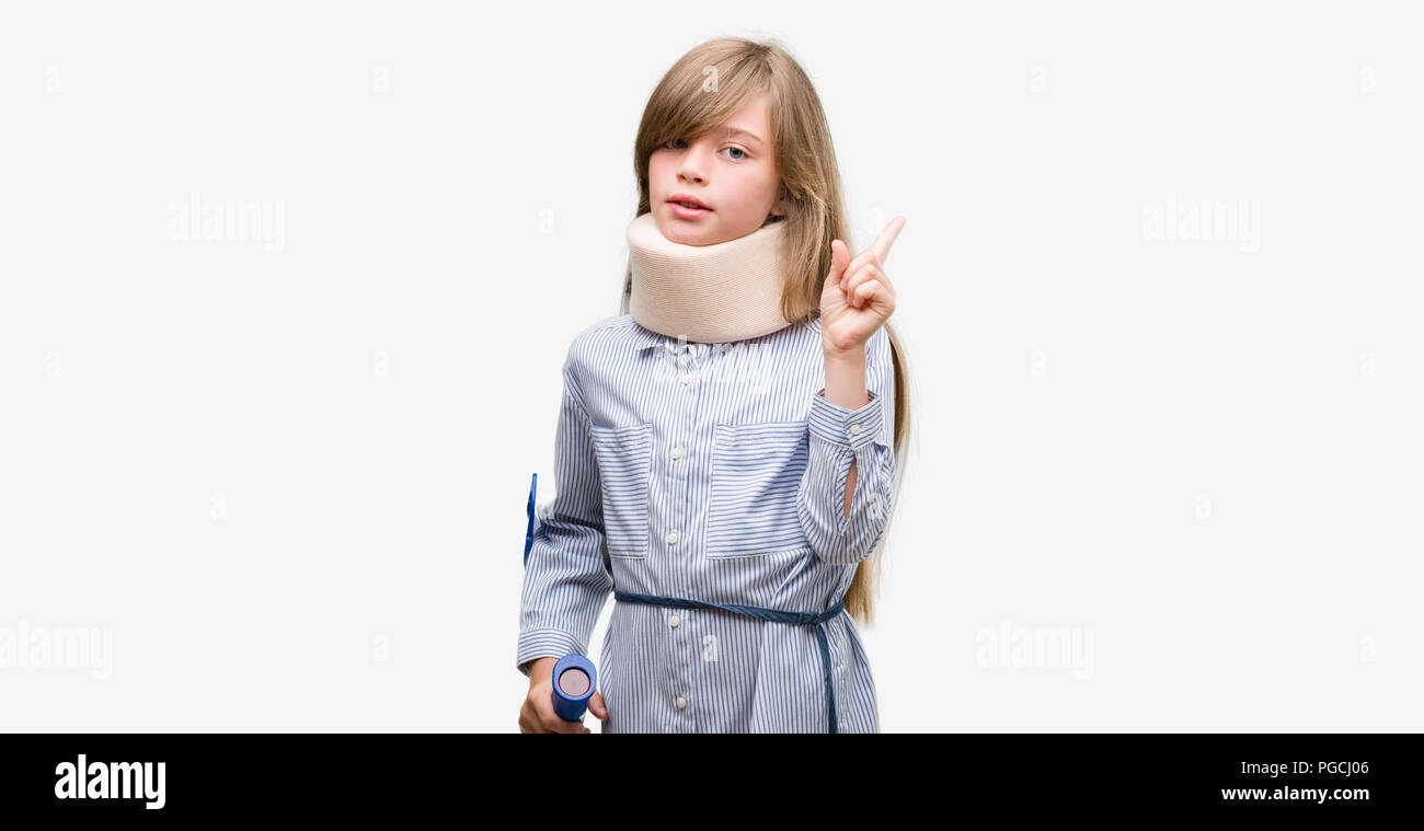 Young blonde child injured wearing neck collar and crutches very happy ...