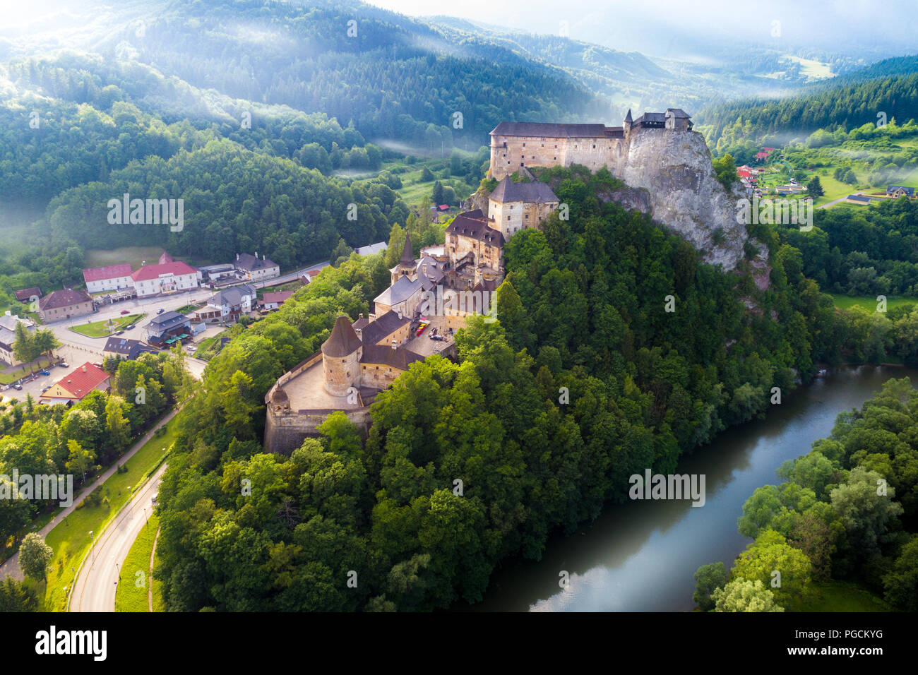 Aerial view of beautiful Orava castle at sunrise. Slovakia Stock Photo ...