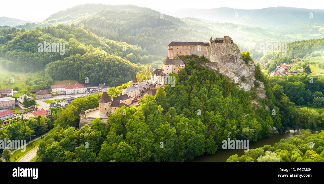 Aerial view of beautiful Orava castle at sunrise. Slovakia Stock Photo ...