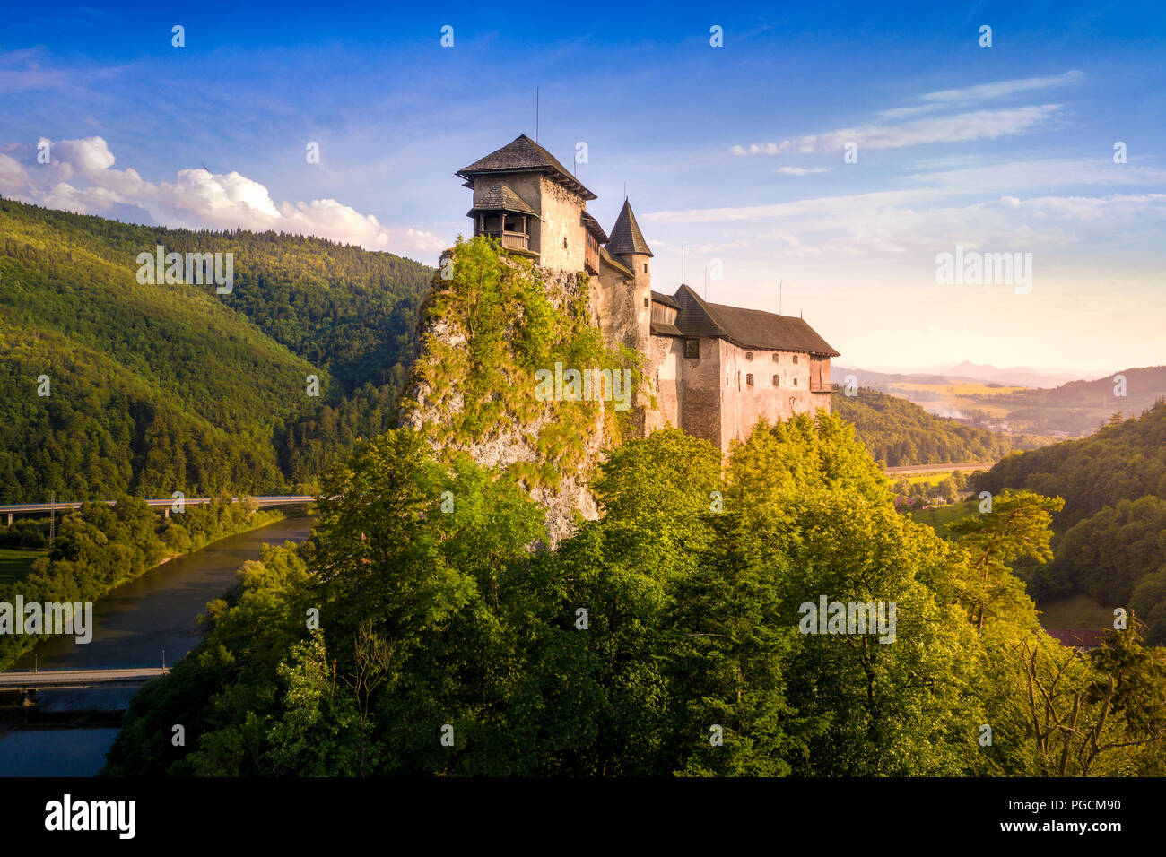 Aerial view of beautiful Orava castle at sunrise. Slovakia Stock Photo ...