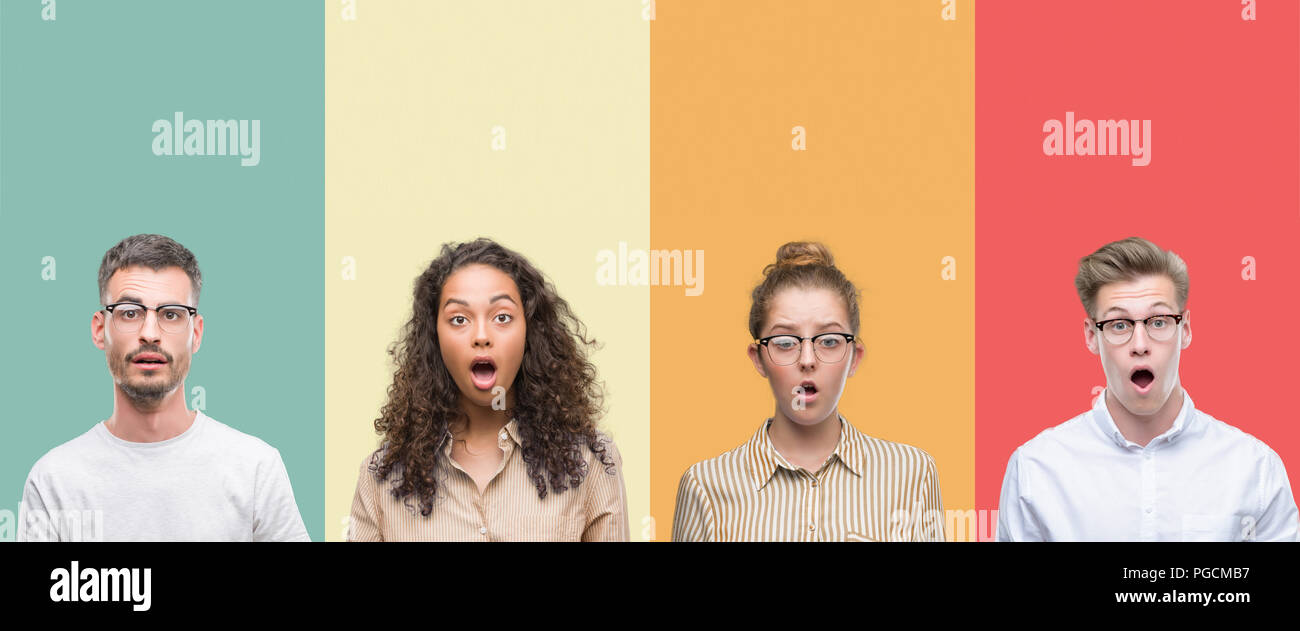 Collage of a group of people isolated over colorful background afraid ...