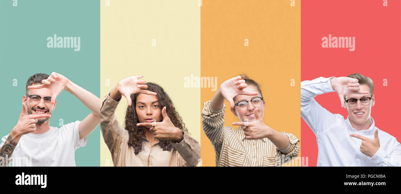 Collage of a group of people isolated over colorful background smiling ...