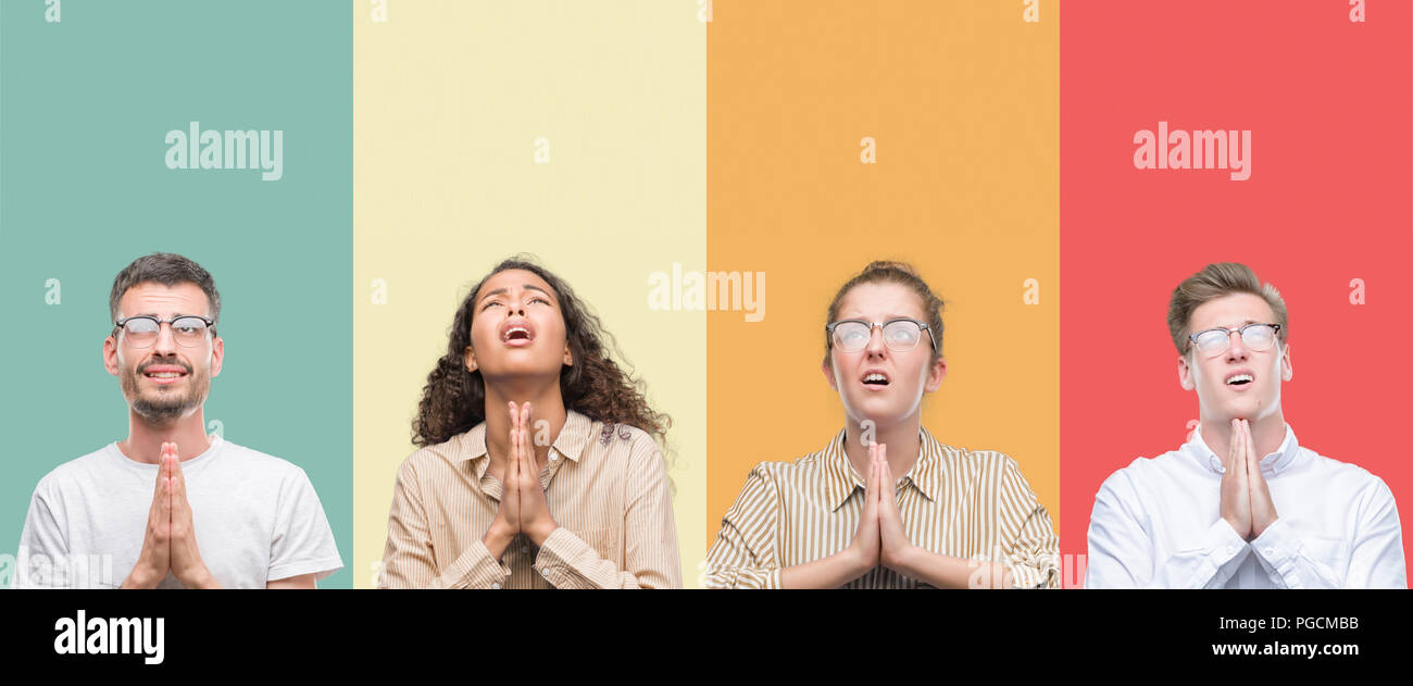 Collage of a group of people isolated over colorful background begging ...