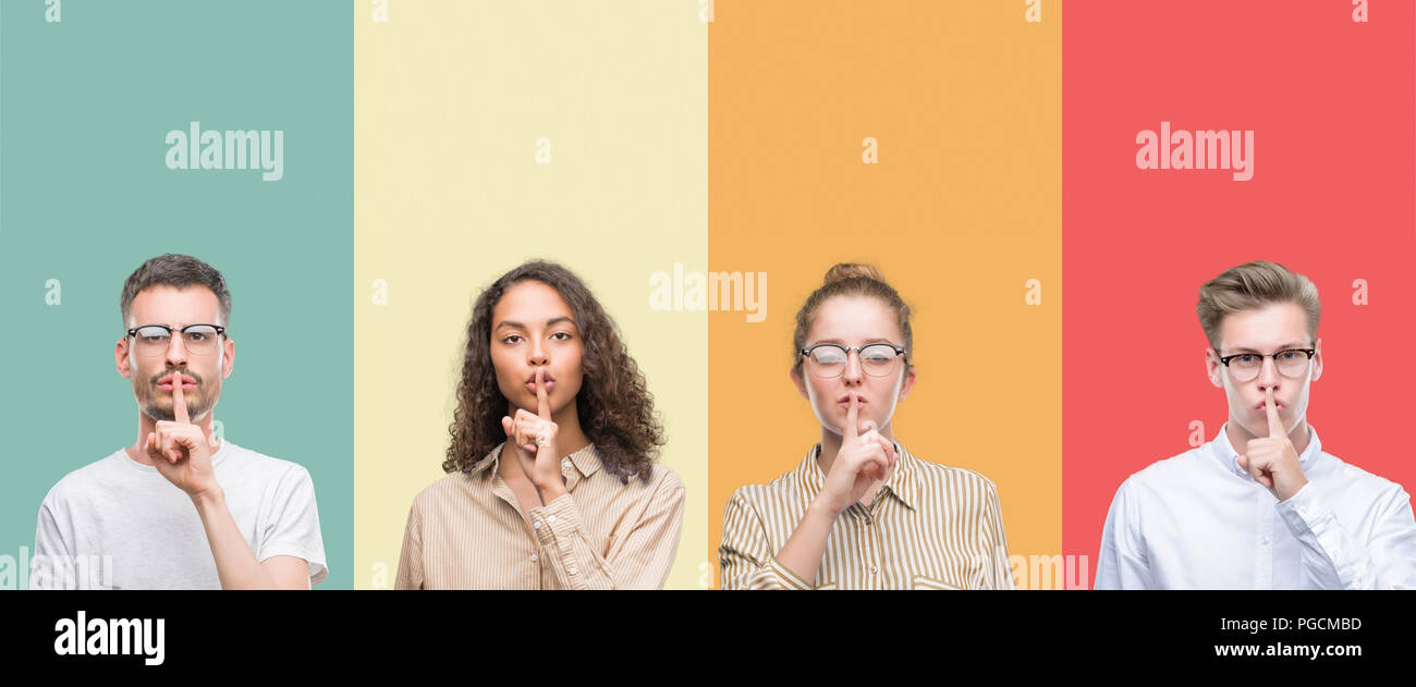 Collage of a group of people isolated over colorful background asking ...