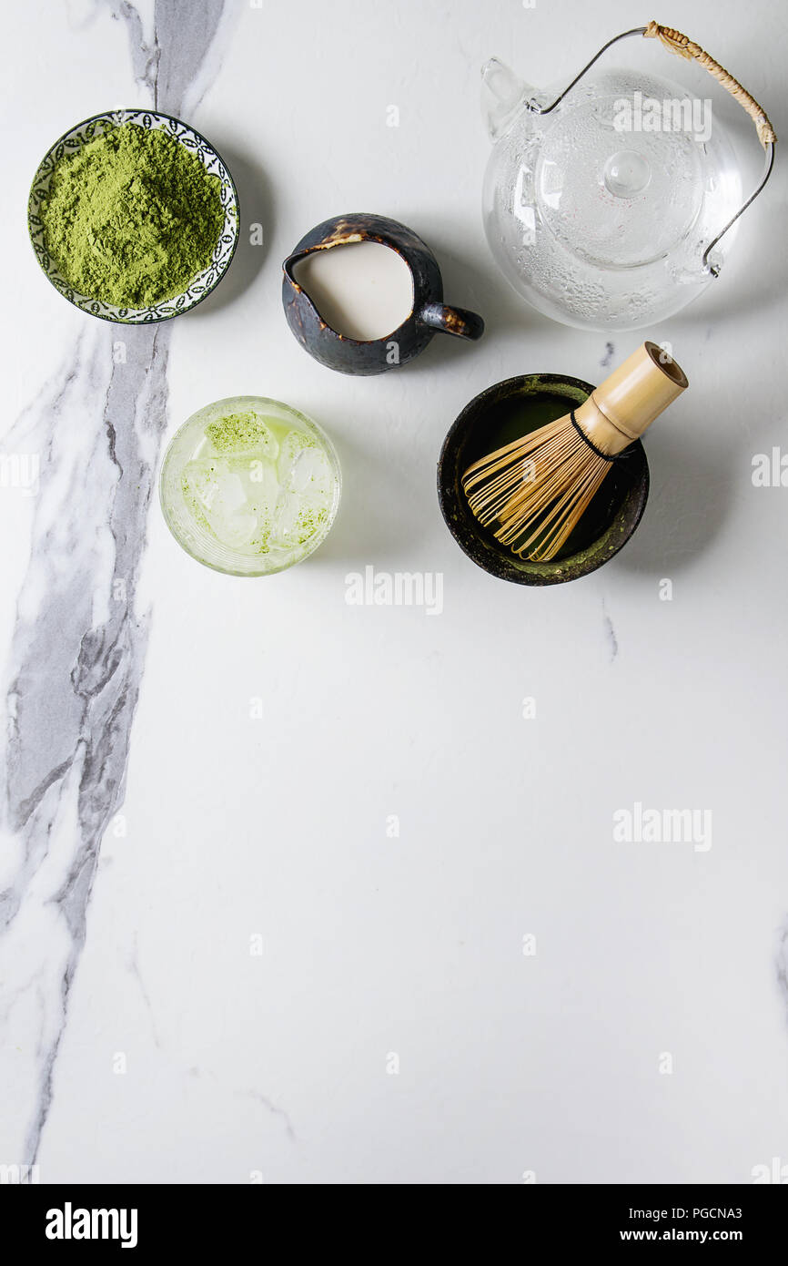 Ingredients for making matcha ice drink. Green tea matcha powder in ...