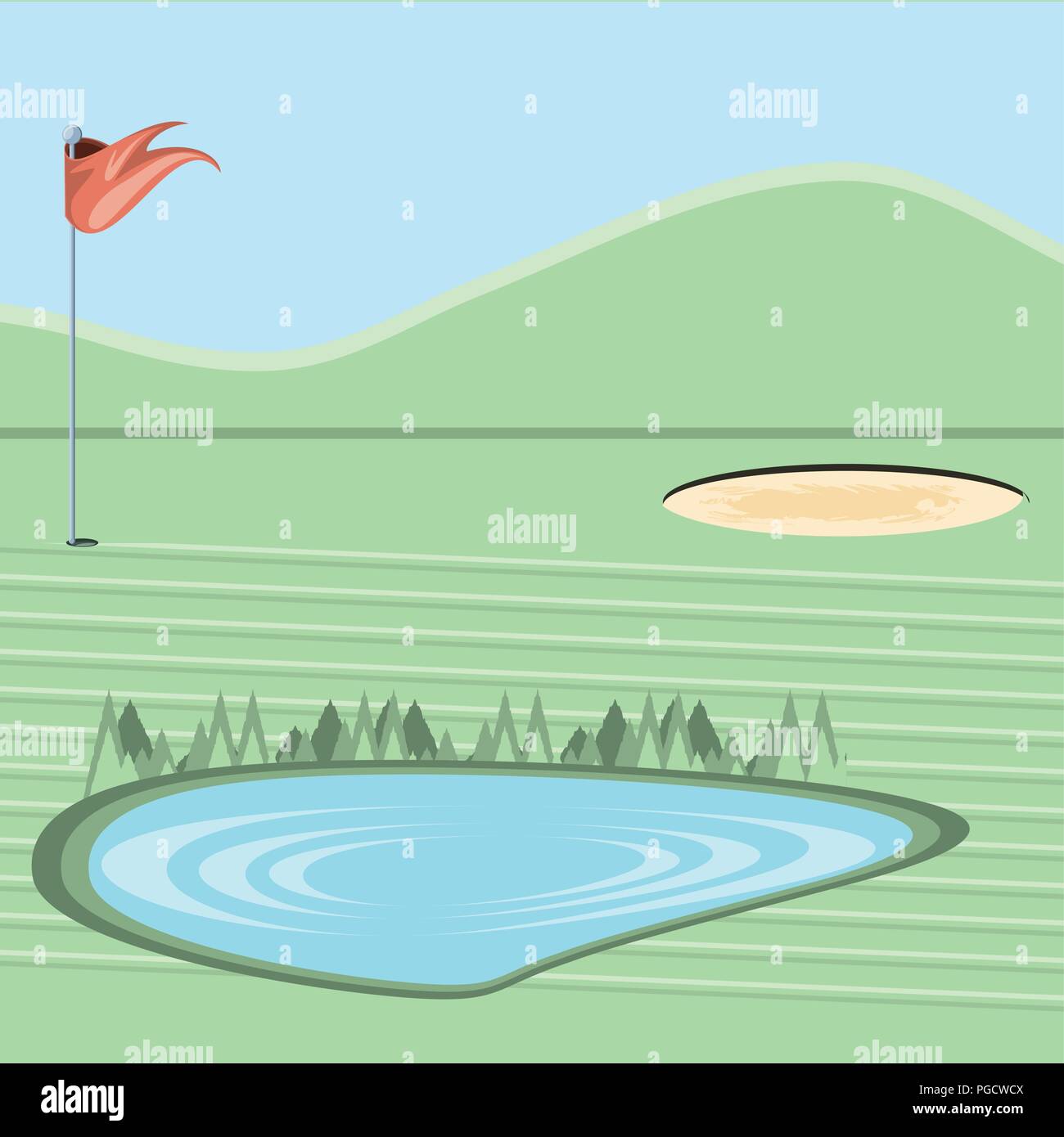 golf curse with sand trap and lake vector illustration design Stock ...