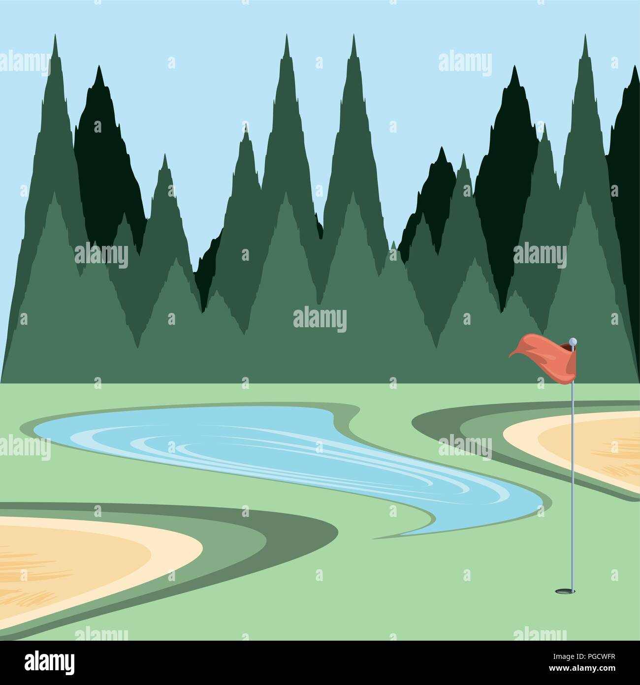 golf curse with sand trap and lake vector illustration design Stock ...