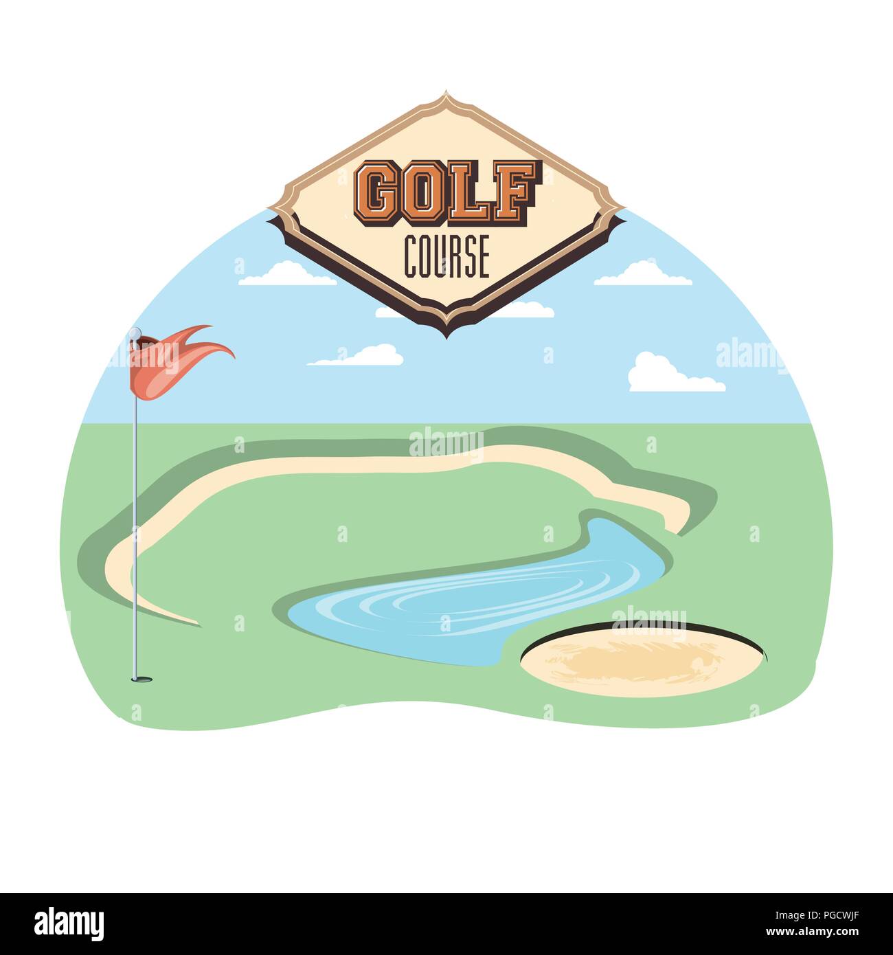 golf curse with sand trap and lake vector illustration design Stock ...