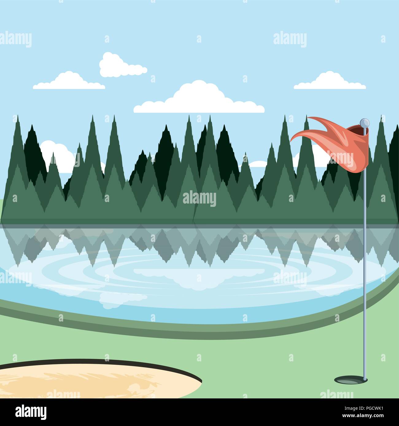 golf curse with sand trap and lake vector illustration design Stock ...