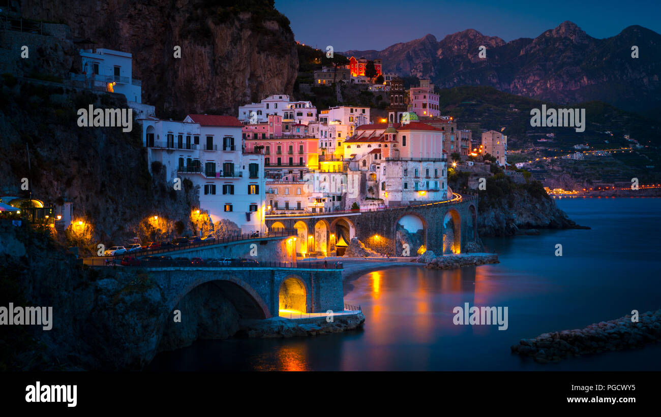 Night view of Amalfi on coast line of mediterranean sea, Italy Stock ...