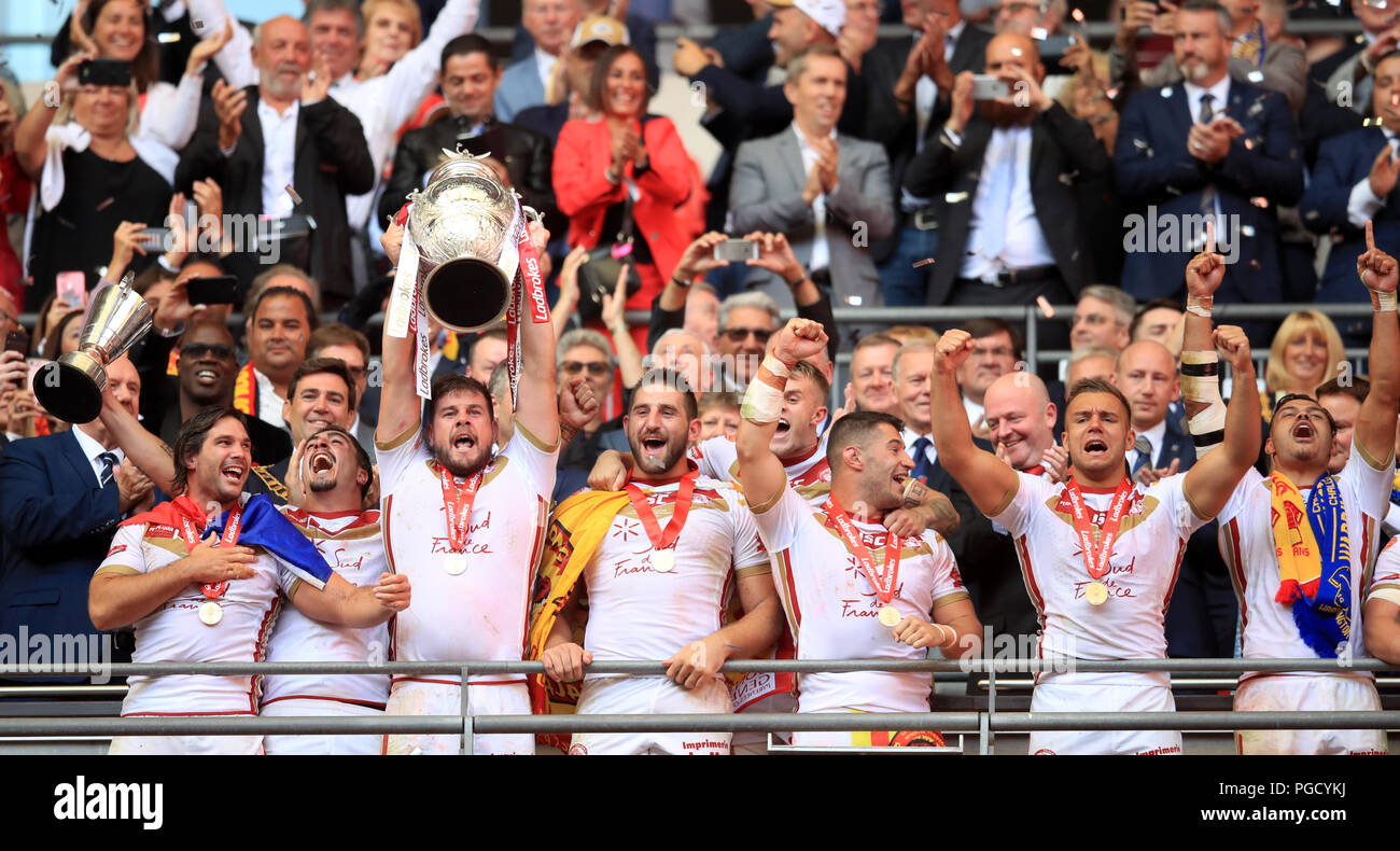 Catalan Dragons' Remi Casty lifts the trophy after the Ladbrokes ...
