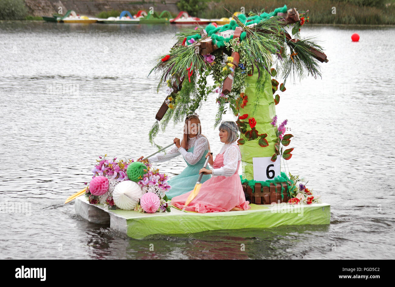 25 August 2018, Lativia, Jelgava: Participants of a milk carton regatta ...