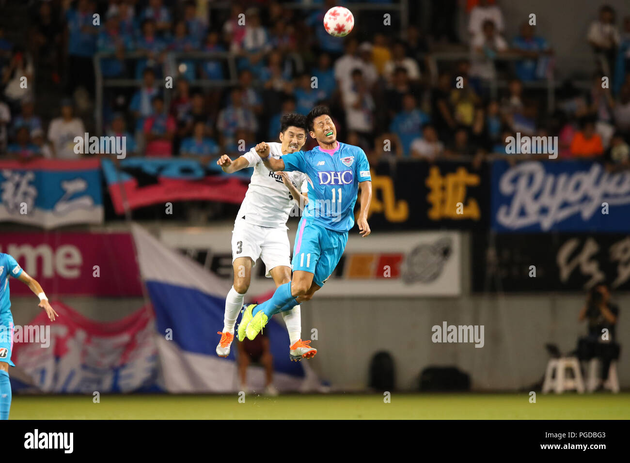 Best Amenity Stadium, Saga, Japan. 22nd Aug, 2018. (L to R) Hirofumi Watanabe (Vissel), Yohei ...