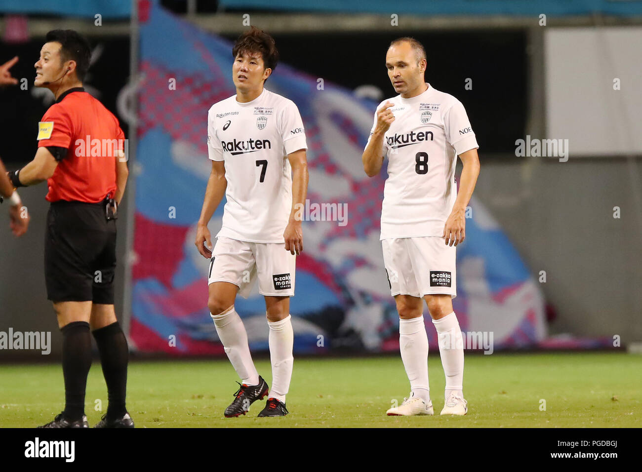 Best Amenity Stadium, Saga, Japan. 22nd Aug, 2018. (L to R) Hirotaka Mita, Andres Iniesta ...