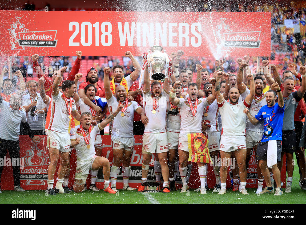 Catalan Dragons' celebrate winning the Ladbrokes Challenge Cup Final at ...