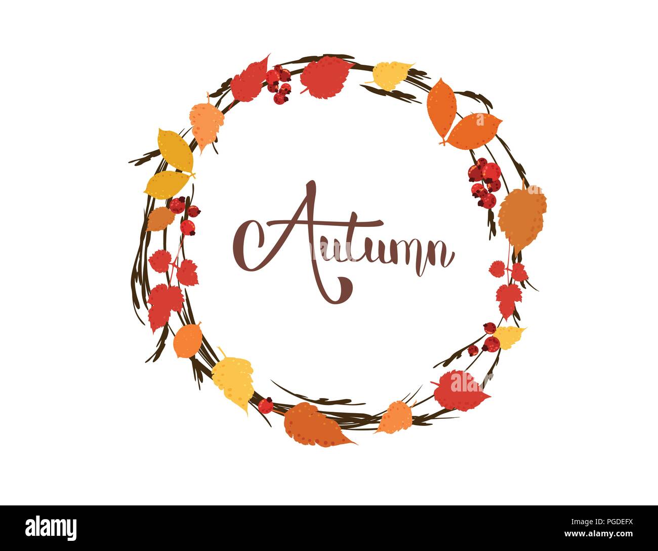 Autumn text with wreath of leaves and branches isolated on white ...