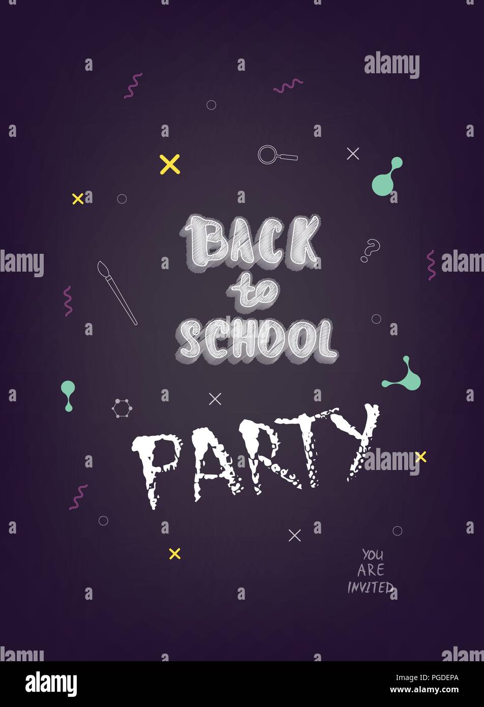 Back to school party banner. Vertical flyer with chalk lettering ...