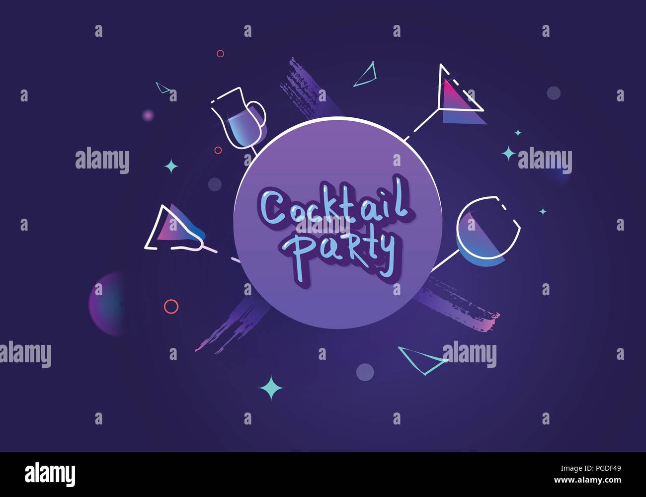 Cocktail party card template. Holiday banner with round badge, drink ...